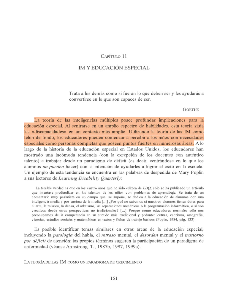 Inteligencias Multiples y Educacion Especial - Cap 11 Subr - IM - AULA | PDF