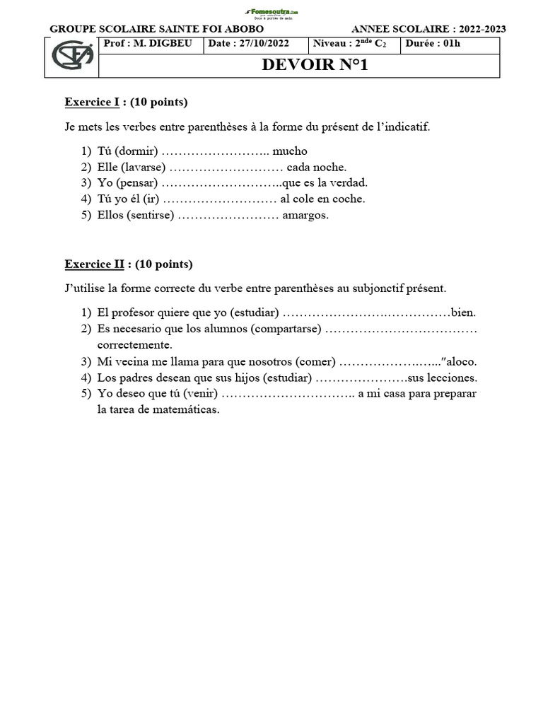 Devoir Espagnol 2nde | PDF