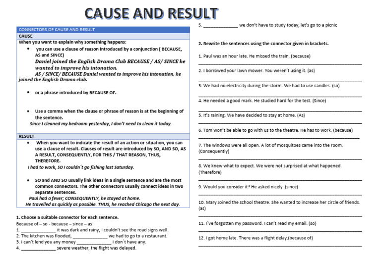 Cause and Result Connectors Guide | PDF | Linguistics | Syntax