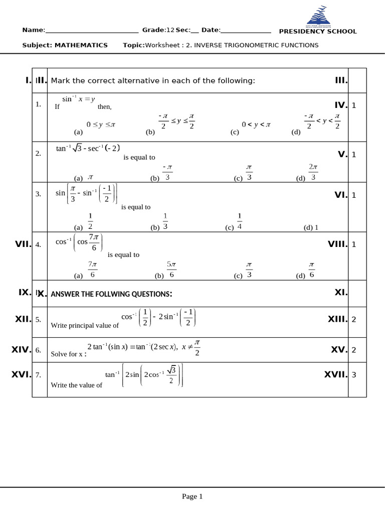 WS - 2. Inverse Trigonometric Functions | PDF | Trigonometric Functions | Function (Mathematics)