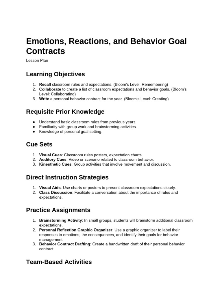 Emotions, Reactions, and Behavior Goal Contracts | PDF | Learning ...