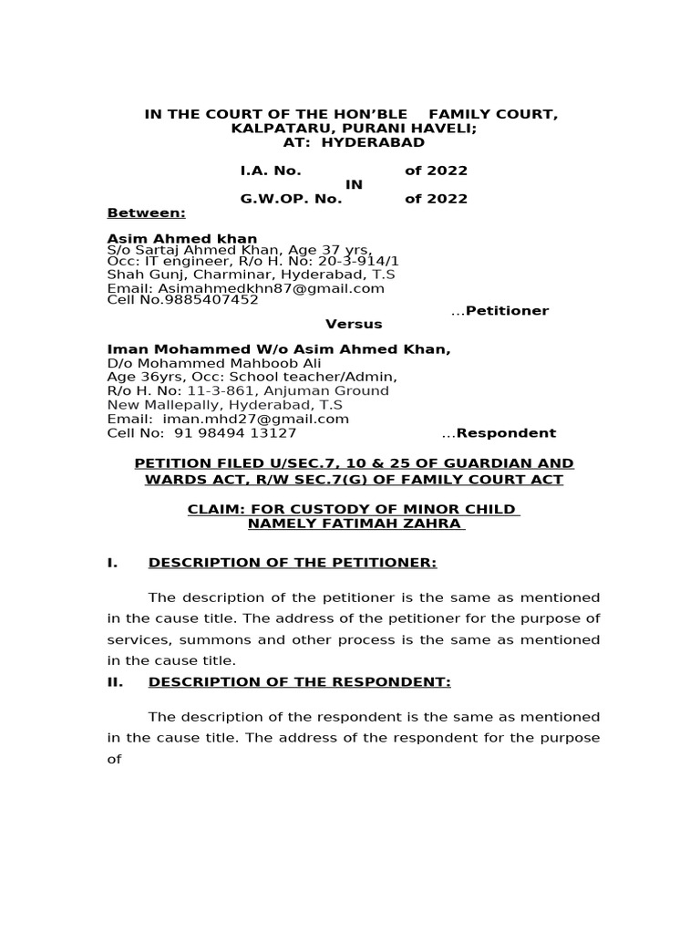 GWOP Petition for Custody of Fatimah | PDF | Marriage | Social Institutions