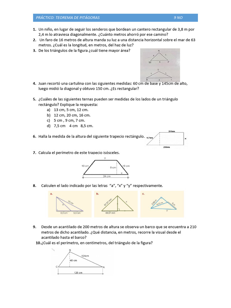 Ejercicios Prácticos del Teorema de Pitágoras | PDF
