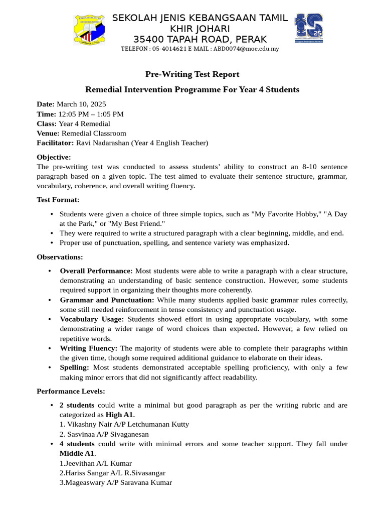 Year 4 Pre-Writing Test Insights | PDF | Vocabulary | Fluency