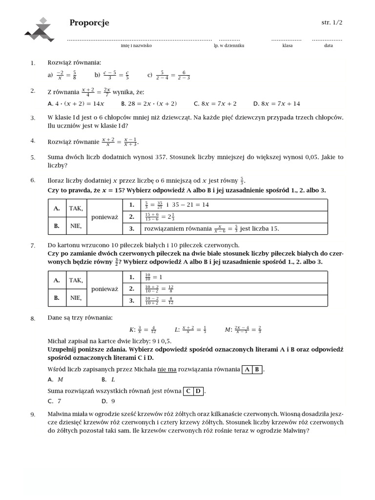 Proporcje Zadania | PDF