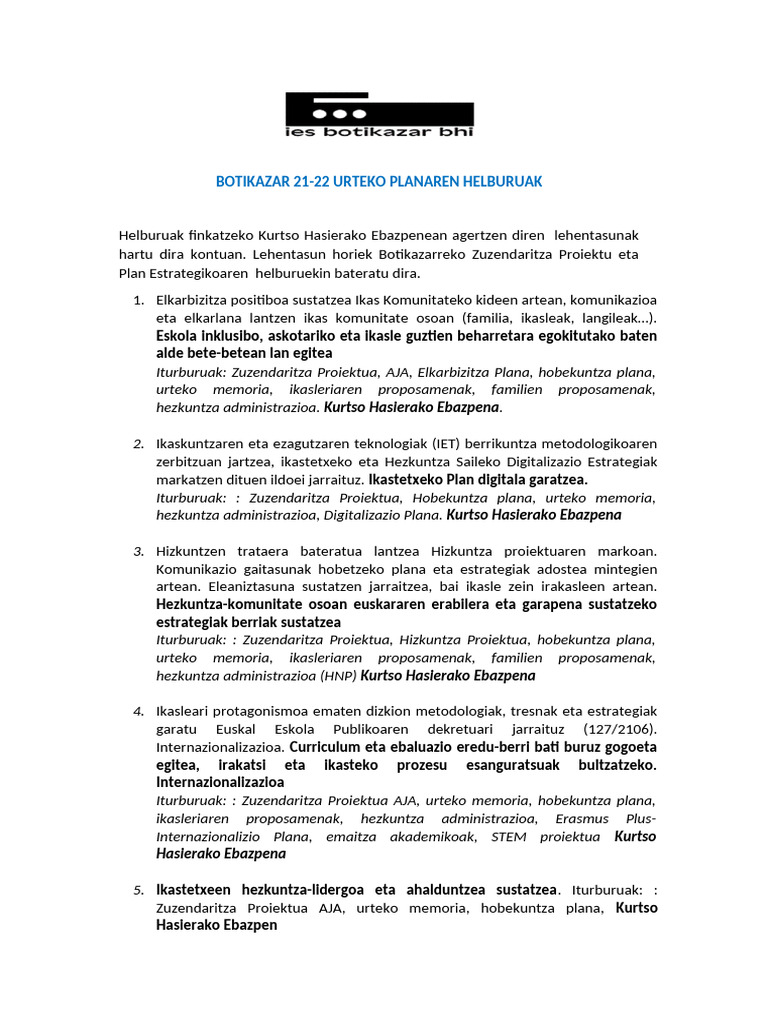 Urteko Plana Helburuak | PDF