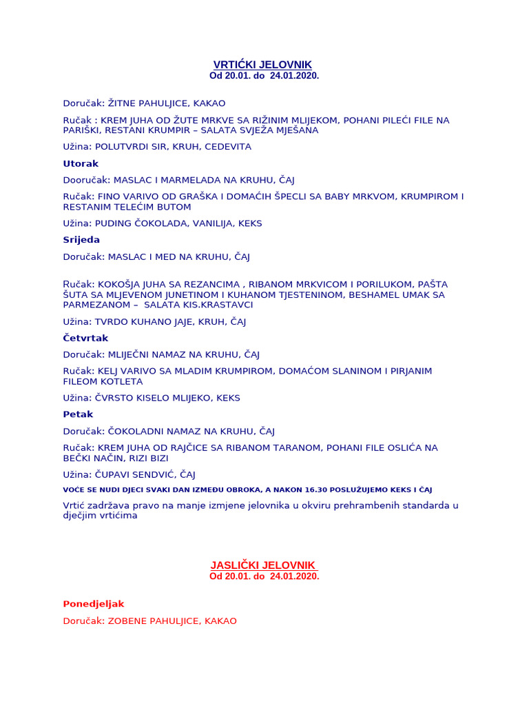Vrtićki Jelovnik | PDF