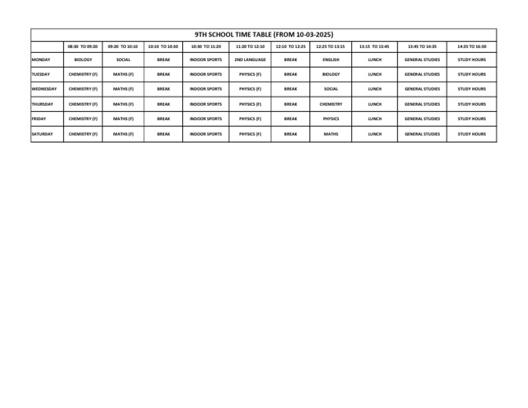 9th Class School Time Table 2025 | PDF