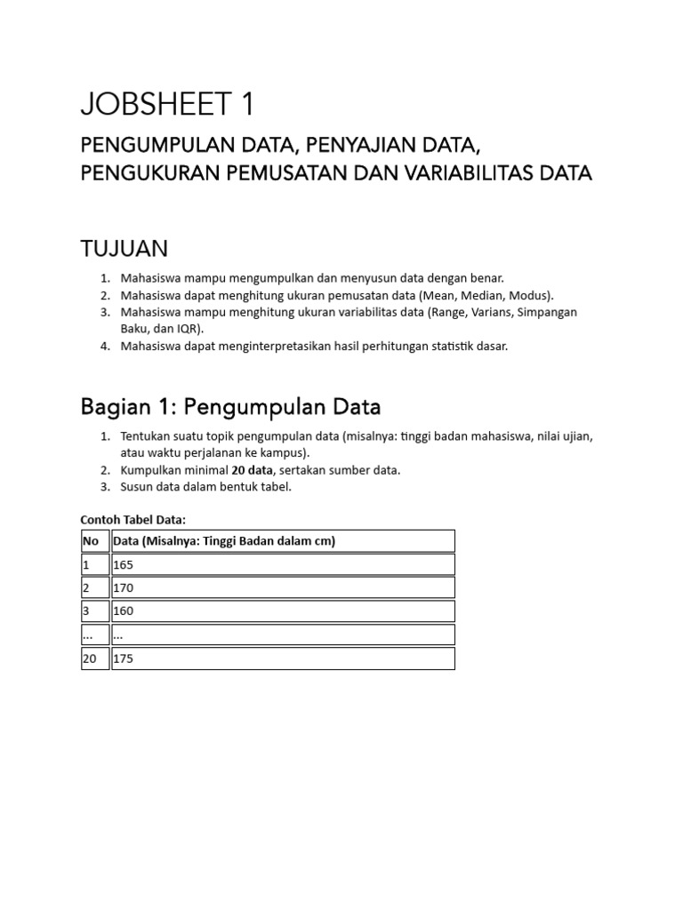 JOBSHEET 1 - Pengumpulan, Penyajian, Perhitungan Pemusatan dan Variabilitas Data (1) | PDF