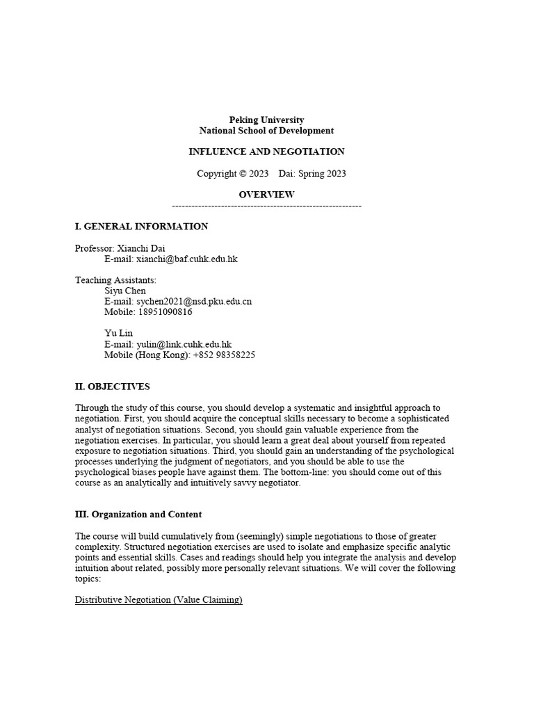 Negotiation Course Outline | PDF | Negotiation | Experience