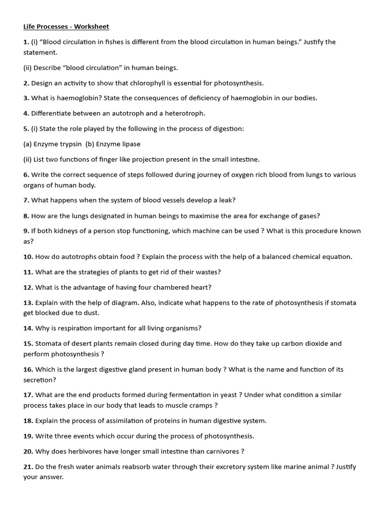 Life Processes - Worksheet 1 | PDF