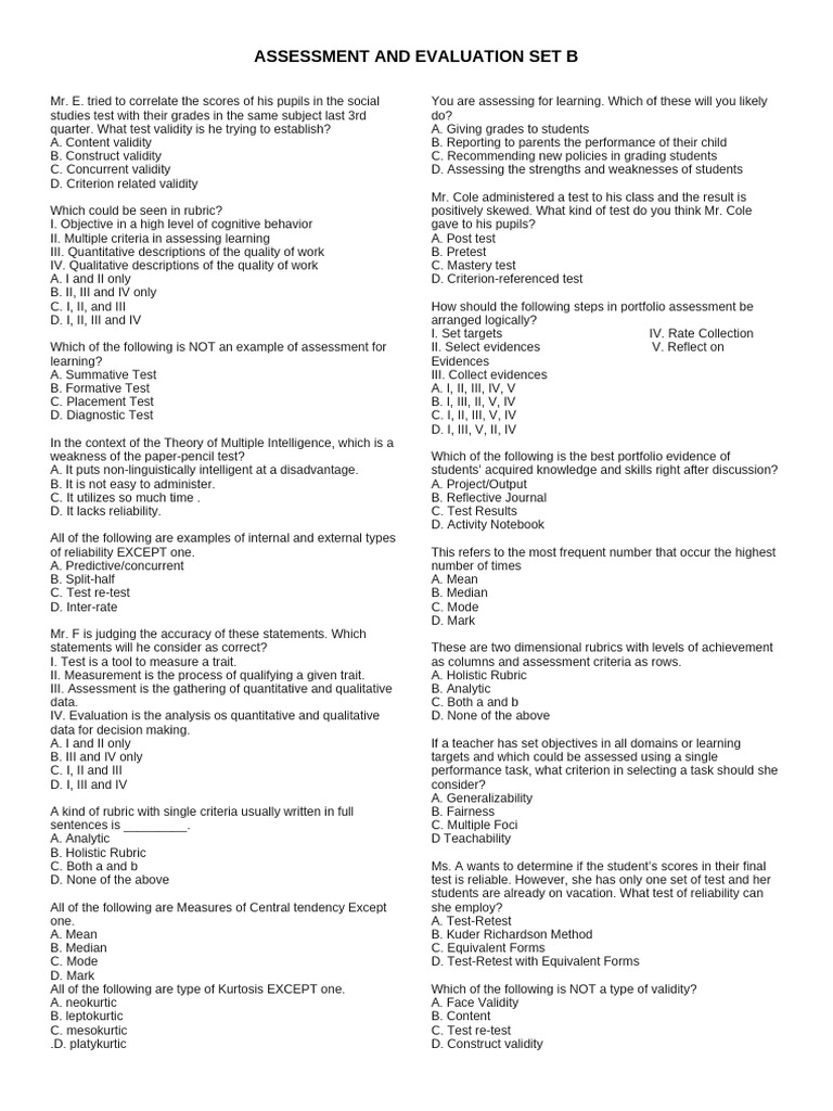Assessment and Evaluation Test Questions | PDF | Educational Assessment ...
