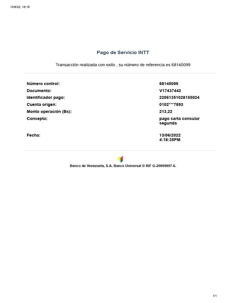 Pago de Carta Consular INTT 2022 | PDF