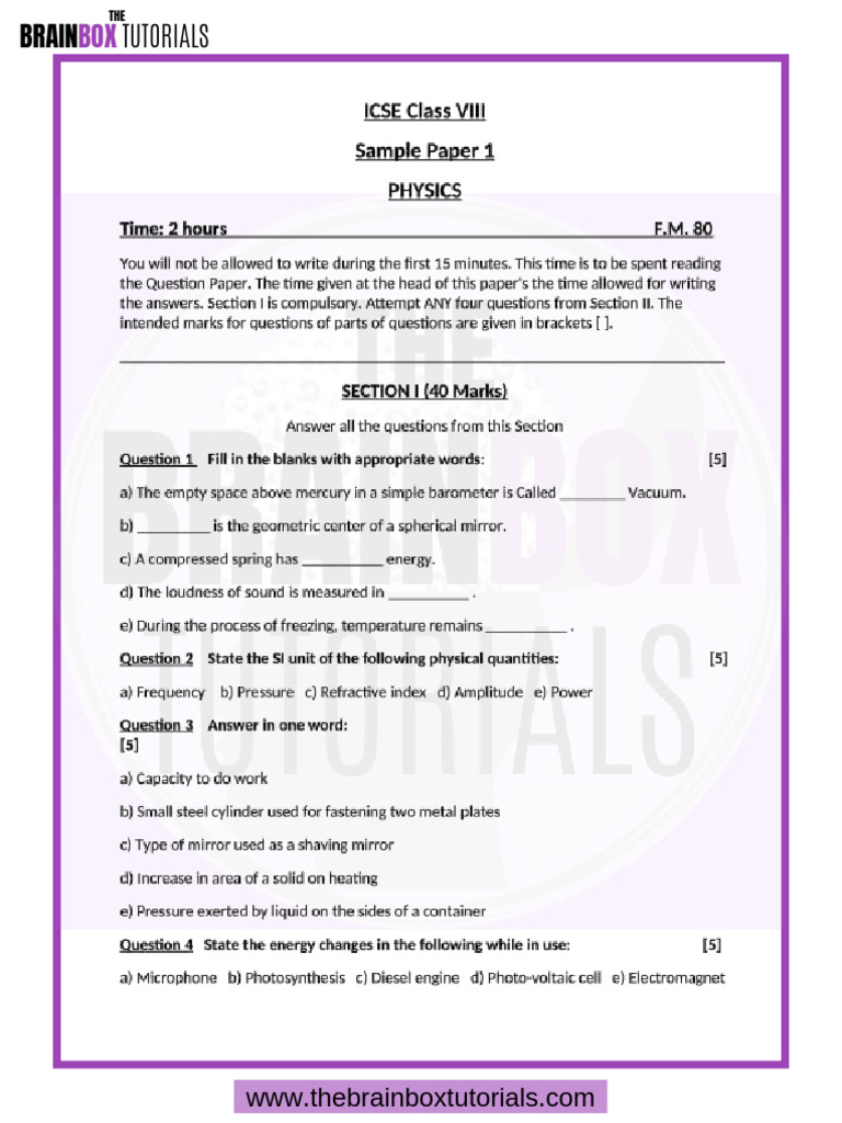 Physics Icse Class 8 Sample Paper 2021 | PDF
