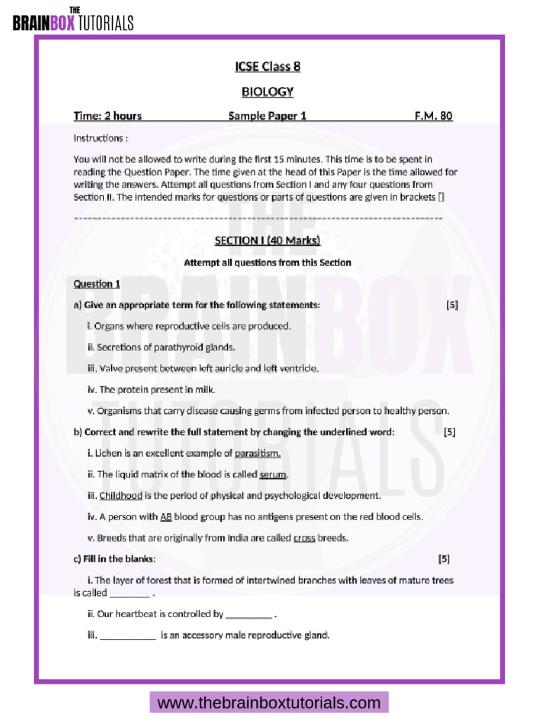 Biology Icse Class 8 Sample Paper 2021 | PDF