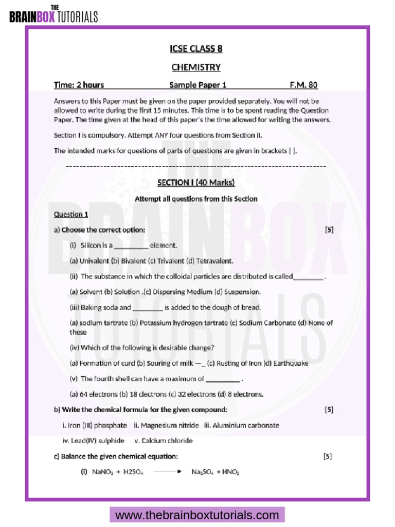 Chemistry Icse Class 8 Sample Paper 2021pdf | PDF