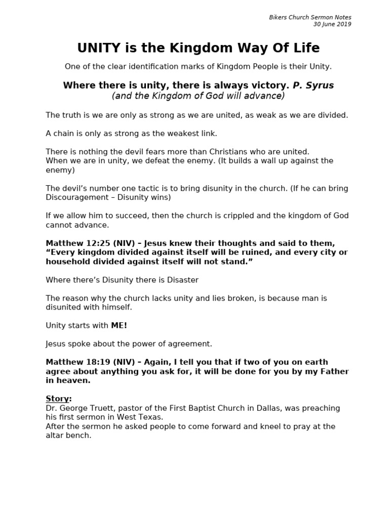 Sermon Notes 30.06.2019 Unity Is The Kingdom Way of Life | PDF | Gospel ...