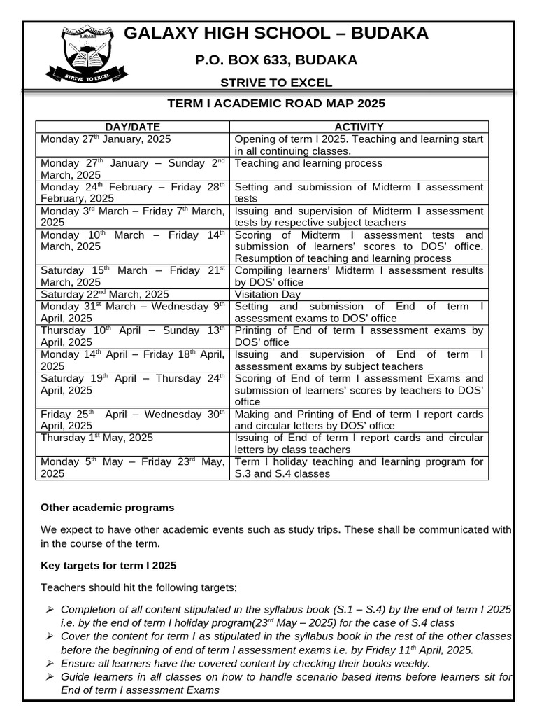 ACADEMIC ROAD MAP FOR TERM ONE 2025 | PDF