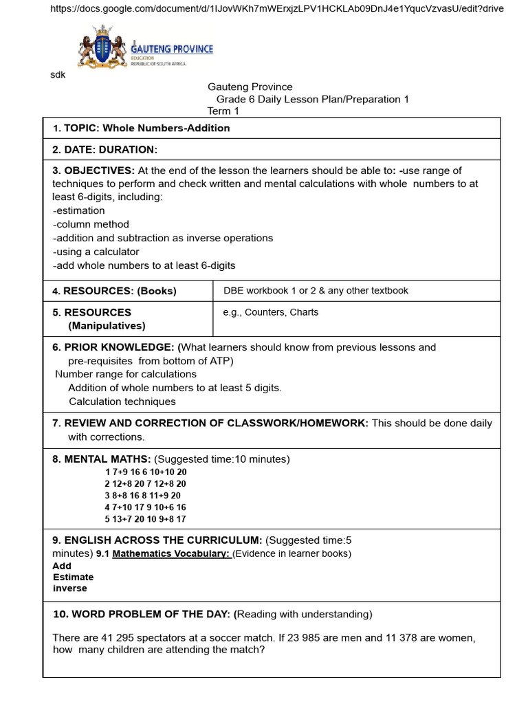 Grade 6 Mip Lesson Plans - Term 1-2025 | PDF | Subtraction | Division ...