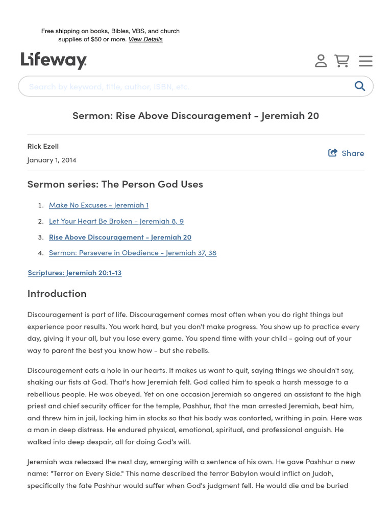 Sermon: Rise Above Discouragement - Jeremiah 20 - Lifeway | PDF | Anger ...