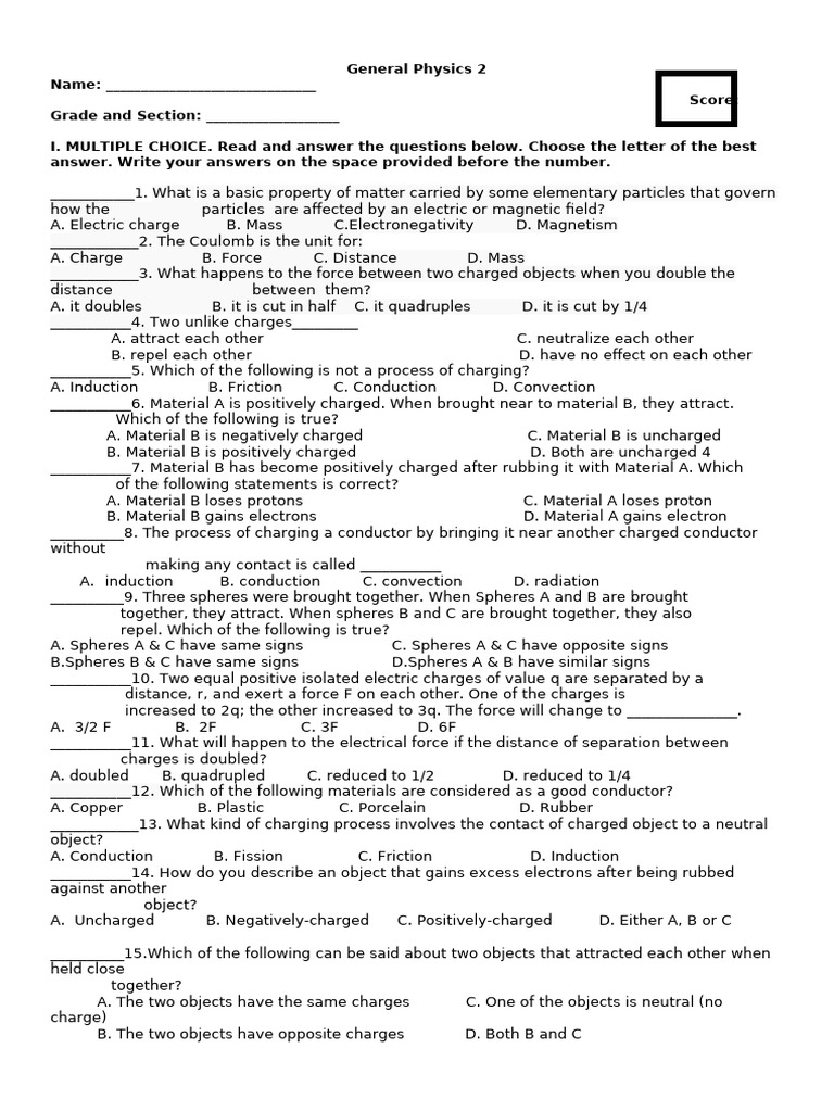 1ST Summative Test in General Physics 2 | PDF | Electric Charge ...
