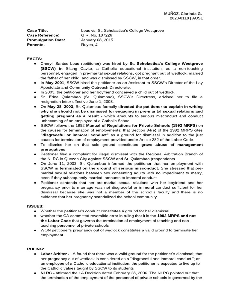 Leus vs. St. Scholastica's College Westgrove | PDF | Morality | Marriage