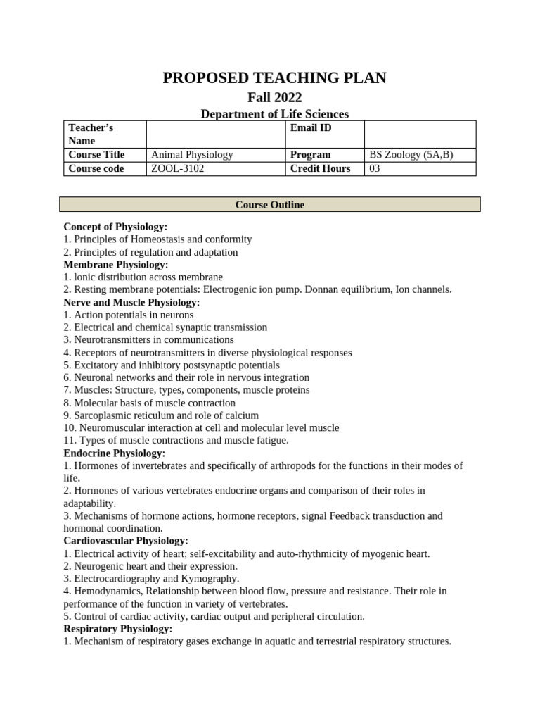 Teaching Plan for Animal Physiology | PDF | Nervous System | Hormone