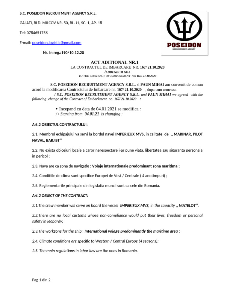 Contract Addendum for Maritime Employment | PDF