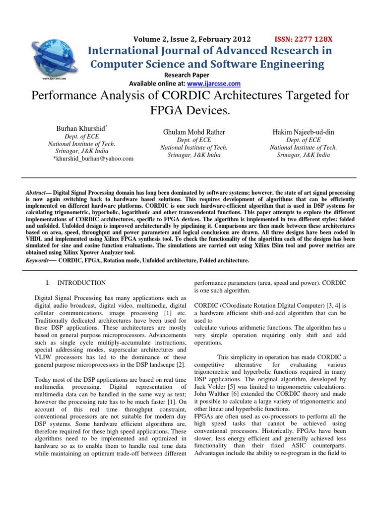 Performance Analysis of CORDIC Architectures Targeted For FPGA Devices | PDF | Digital Signal ...