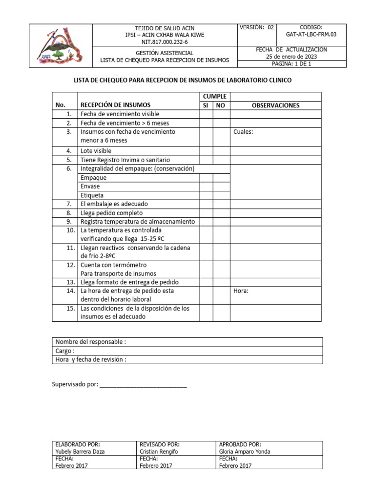 LISTA DE CHEQUEO PARA RECEPCION DE INSUMOS | PDF