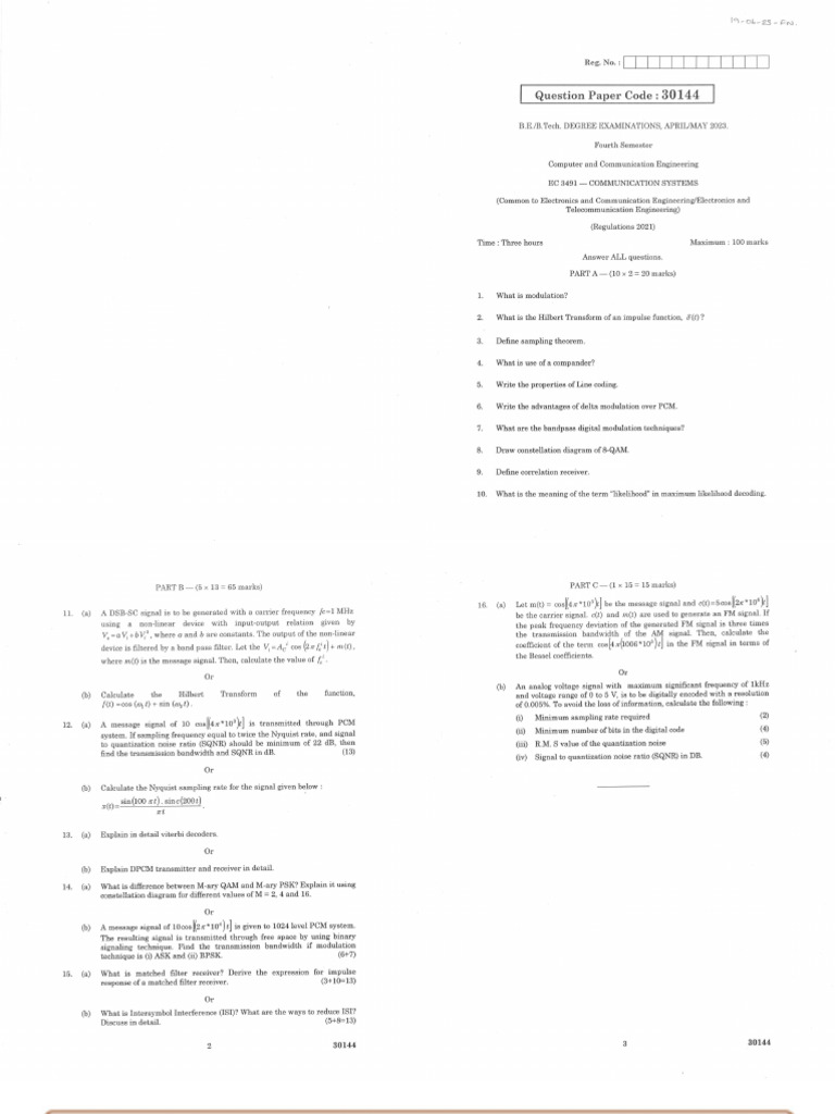 Communication Systems - EC3491 2021 Regulation - Question Paper 2023 ...