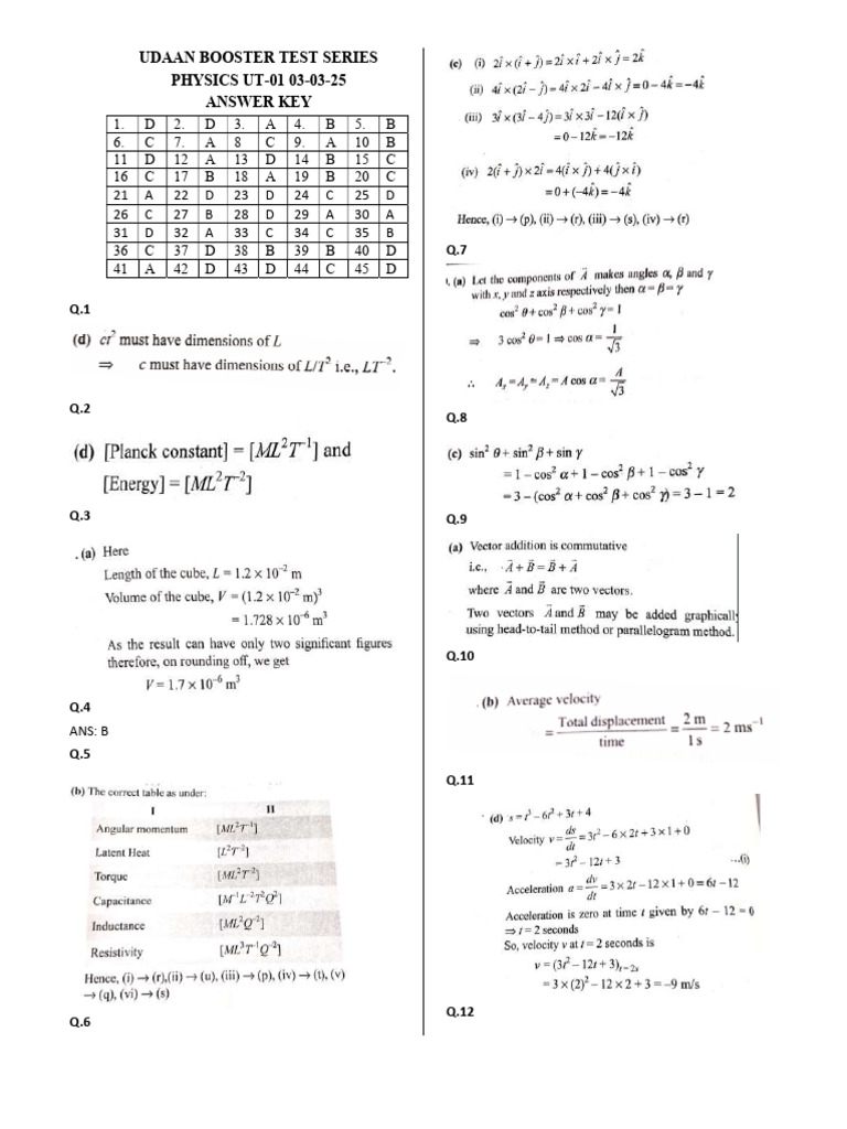UDAAN BOOSTER PCB T. S UT-01 03-03-25 PHYSICS KEY WITH SOLUTION | PDF