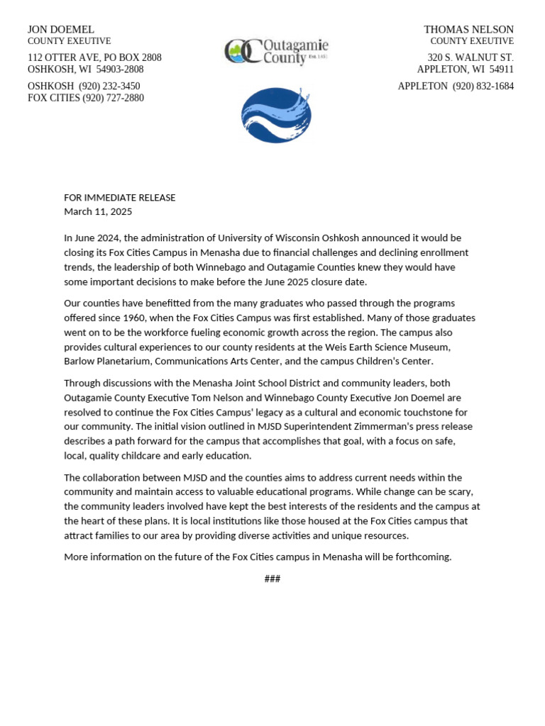 Joint Counties Fox Cities Campus Press Release | PDF