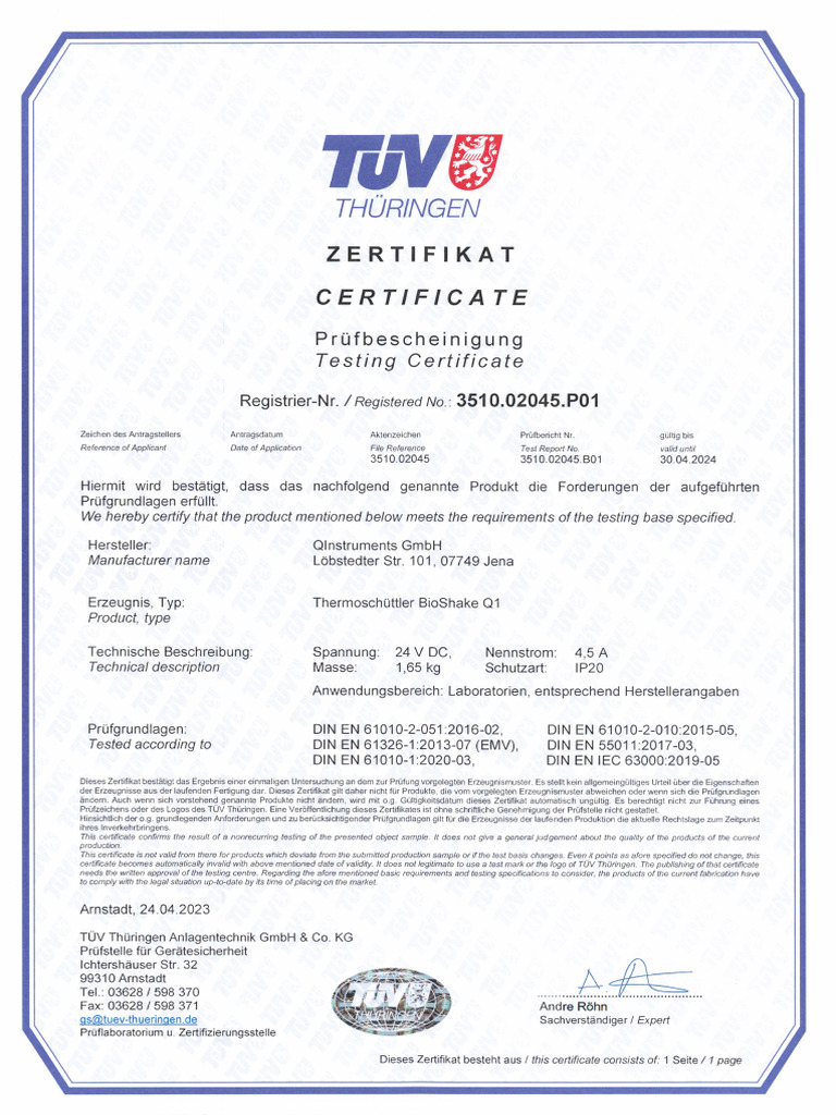 Tuevcert BioShake Q1 | PDF