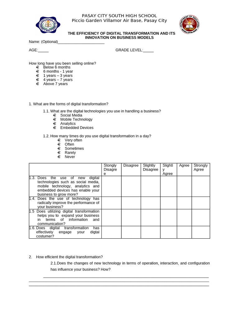 Questionaire Format With Example Contents | PDF | Learning | Analytics