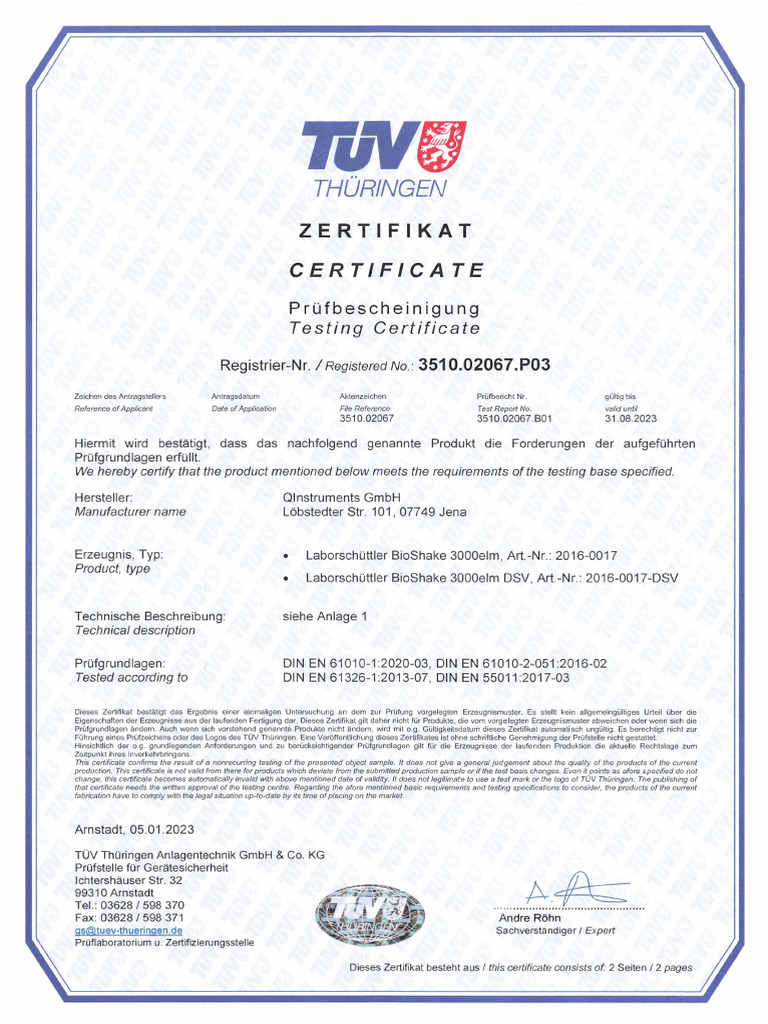 Tuevcert BioShake 3000 Elm DSV | PDF