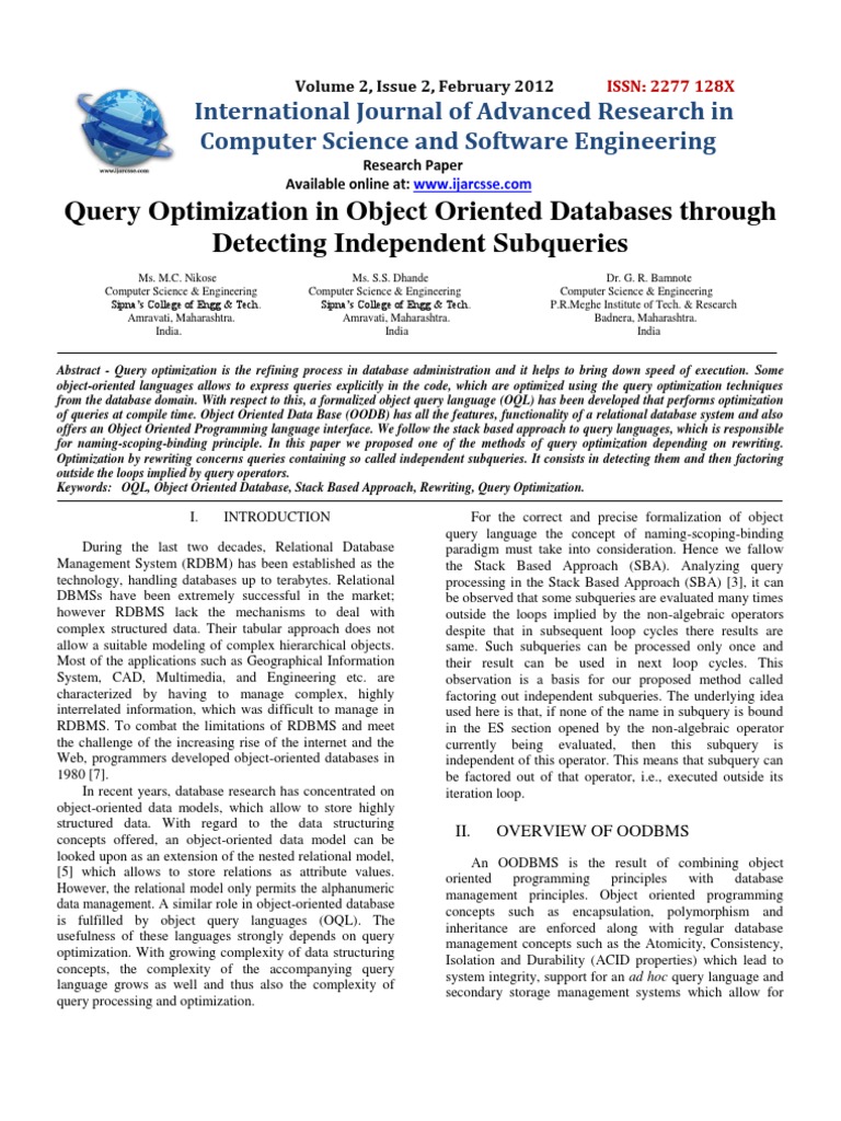 Query Optimization in Object Oriented Databases Through Detecting ...
