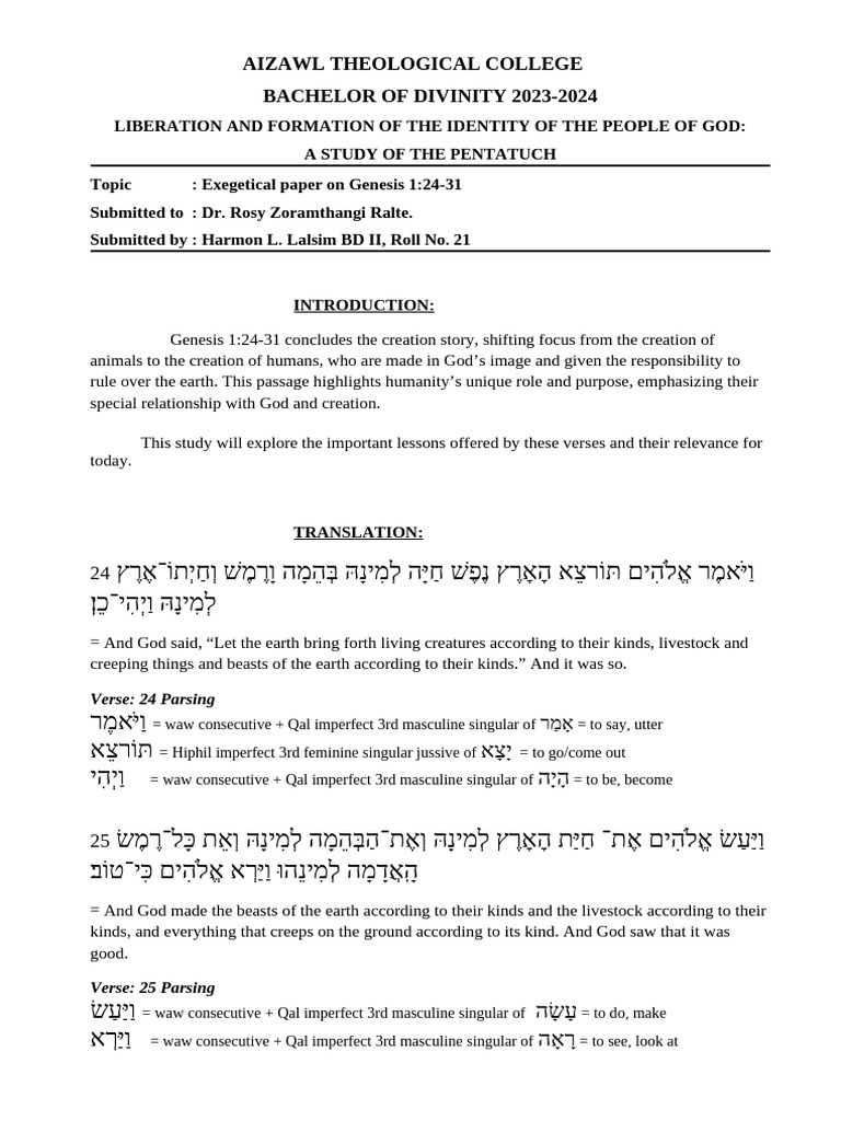 Exegetical Paper On Genesis 1-24-31 | PDF | Genesis Creation Narrative | Image Of God