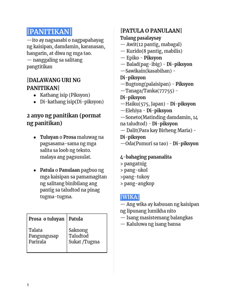 FILIPINO NOTES | PDF