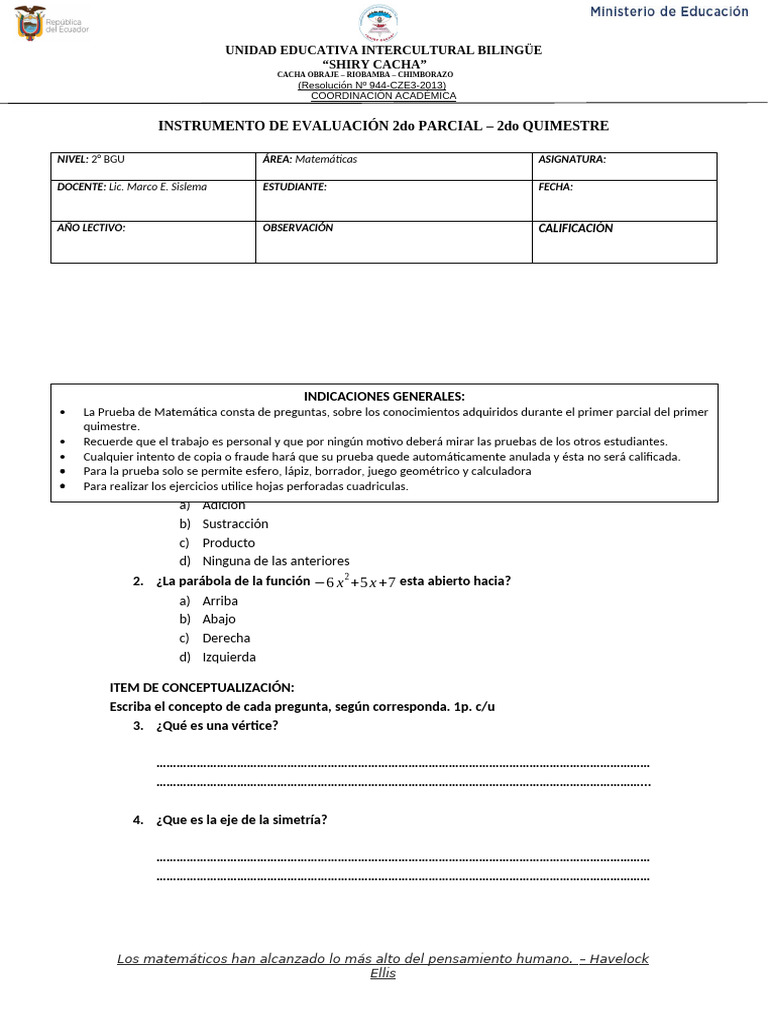 PRUEBAS DE SEGUNDO PARCIAL - SEGUNDO BGU y | PDF | Matemáticas