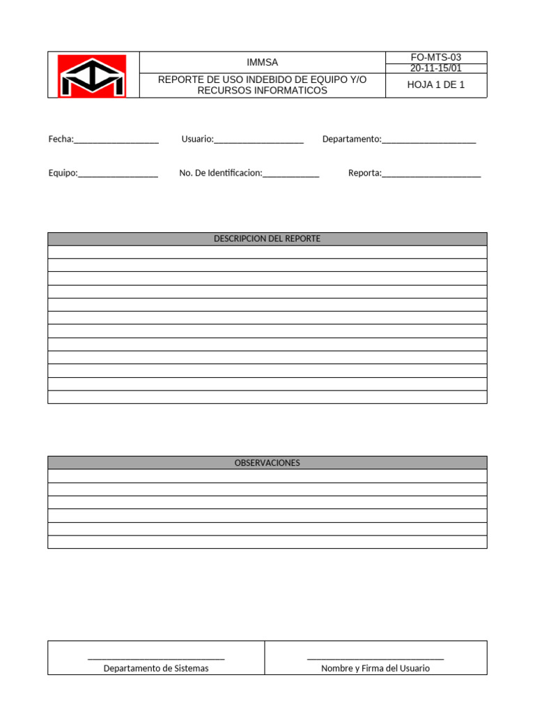FO-MTS-03 Rev.1 Reporte de Uso de Equipo y Recursos Informaticos | PDF