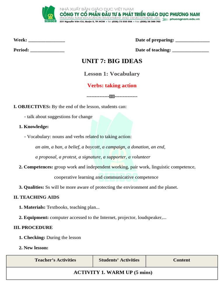 Unit 7 - Tiếng Anh 8 Friends Plus - Kế Hoạch Bài Dạy | PDF | Teachers ...
