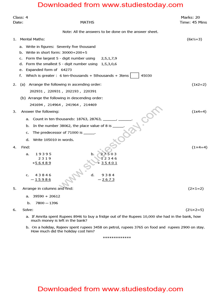 CBSE Class 4 Mathematics Question Paper Set A | PDF | Mathematics