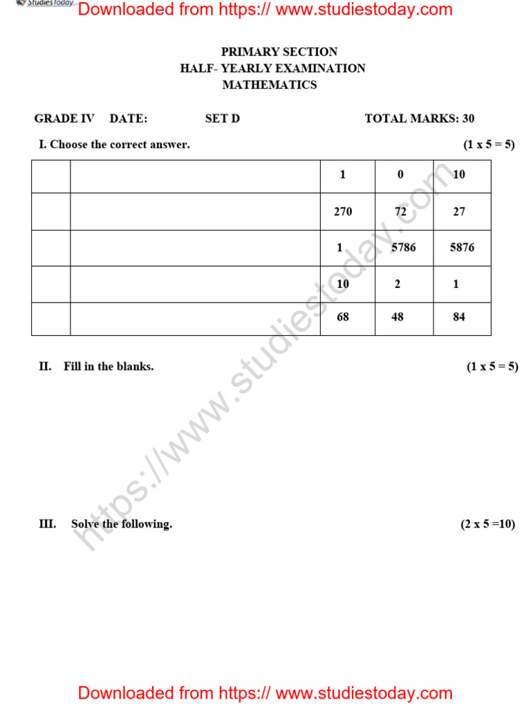 CBSE Class 4 Mathematics Question Paper Set U | PDF | Abstract Algebra ...