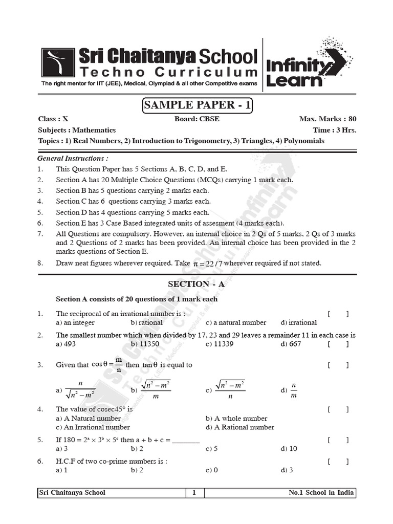 Sample Paper - 1 (For High Achievers) | PDF | Numbers | Polynomial
