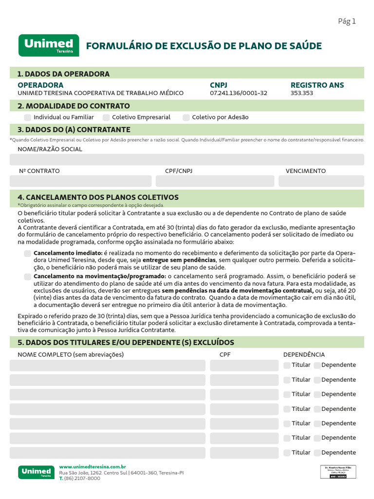 Formulario Exclusao Unimed | PDF