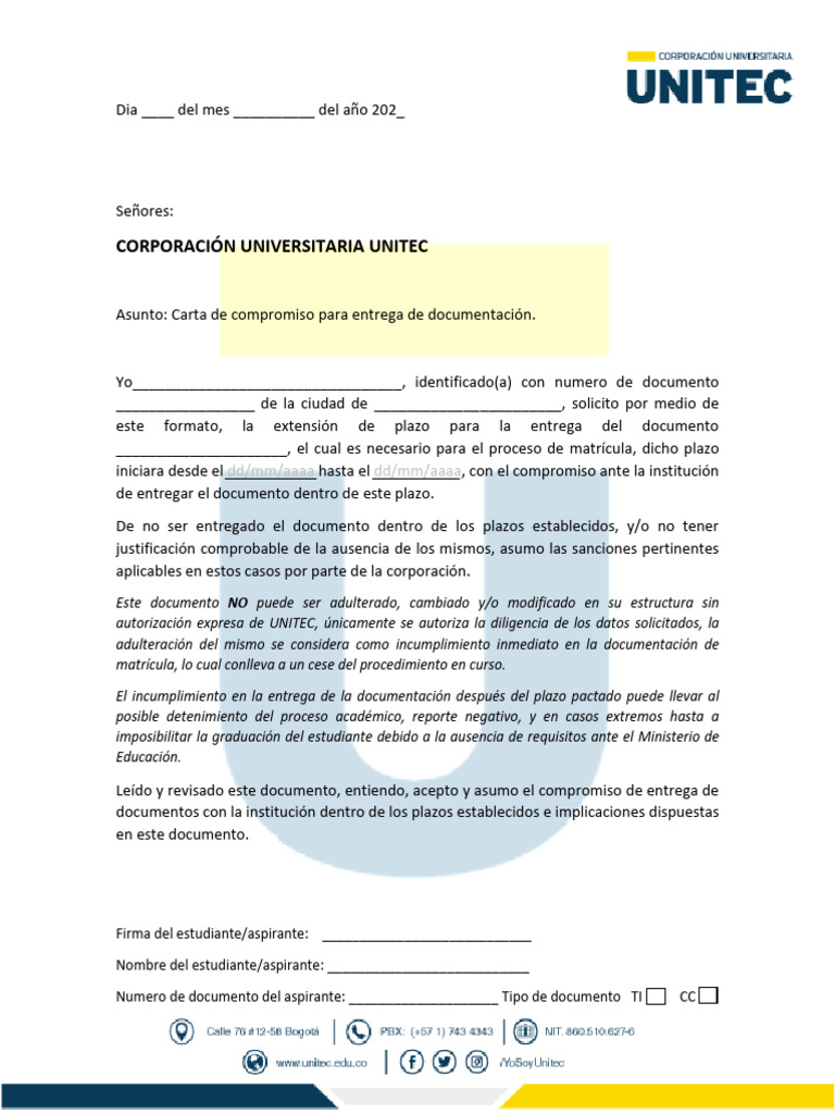 Carta de Compromiso Documentos Pendientes | PDF