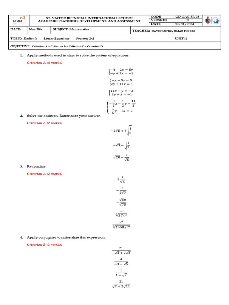 Mathematics Unit: Radicals & Linear Equations | PDF | Equations | Algebra
