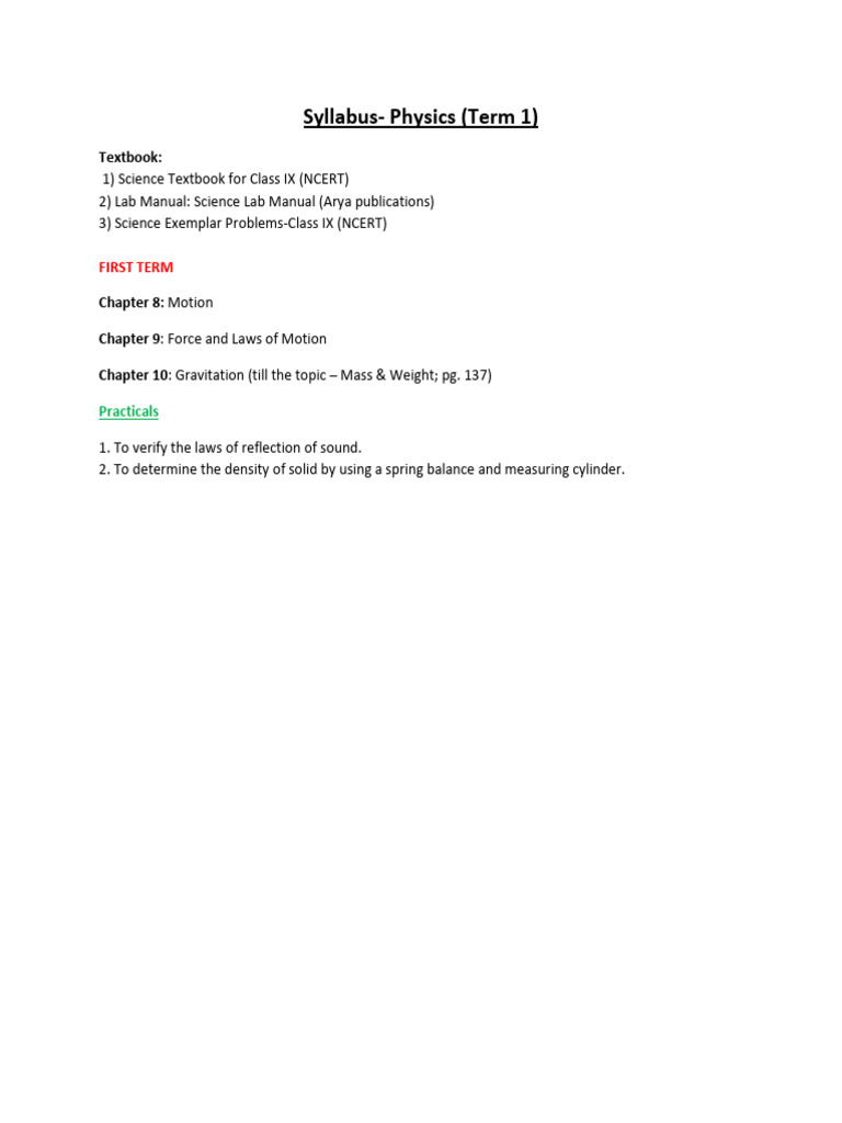 9th Physics Syllabus Term 1 | PDF