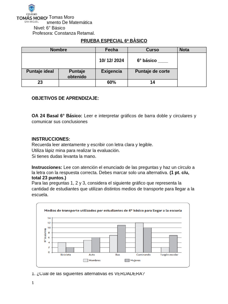 Prueba Especial 6 Bàsico | PDF | Porcentaje